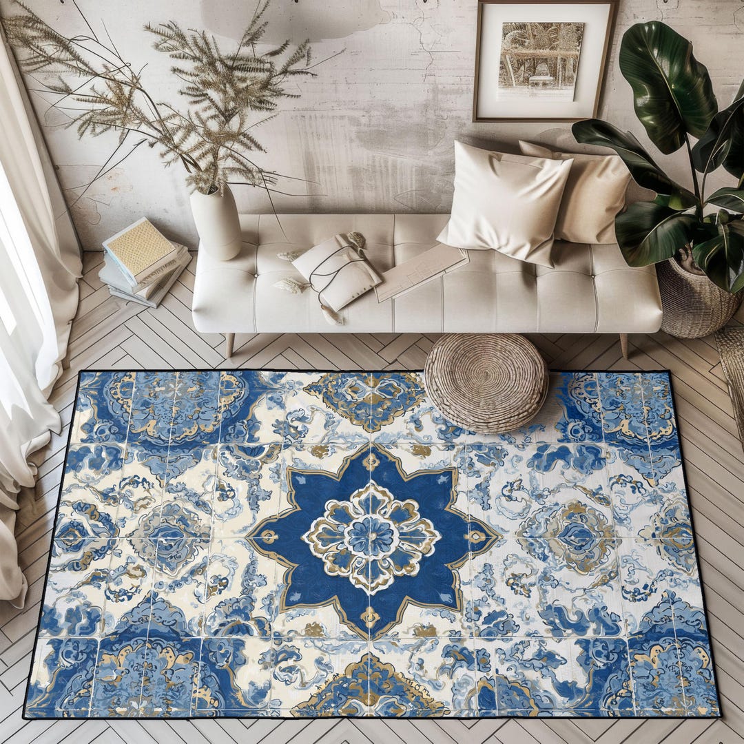 Portuguese Tile Pattern Rug, Azulejo Medallion Area Rug, Mediterranean ...