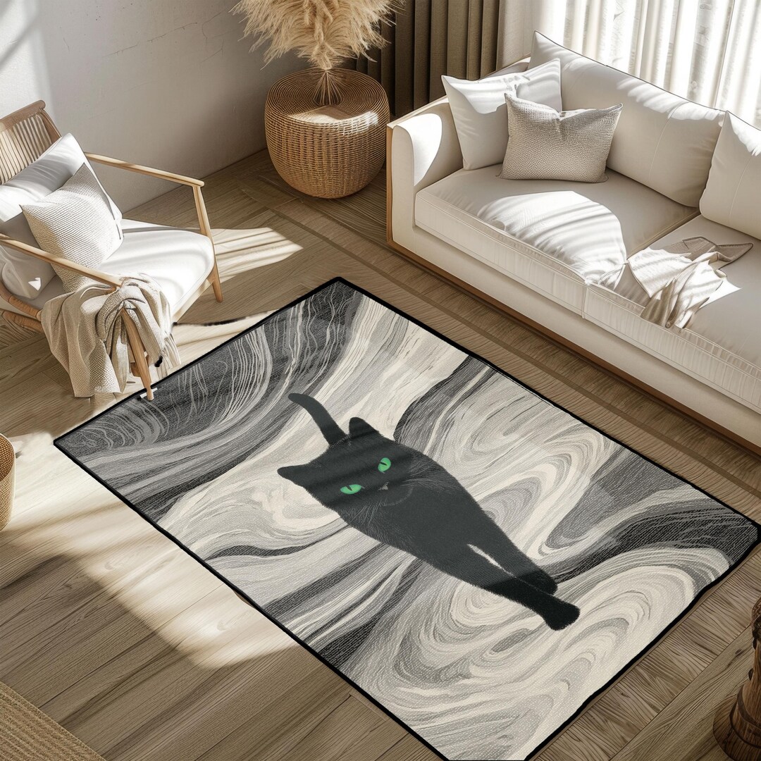 Black Cat Area Rug With Green Eyes, Modern Abstract Swirl Design Floor ...