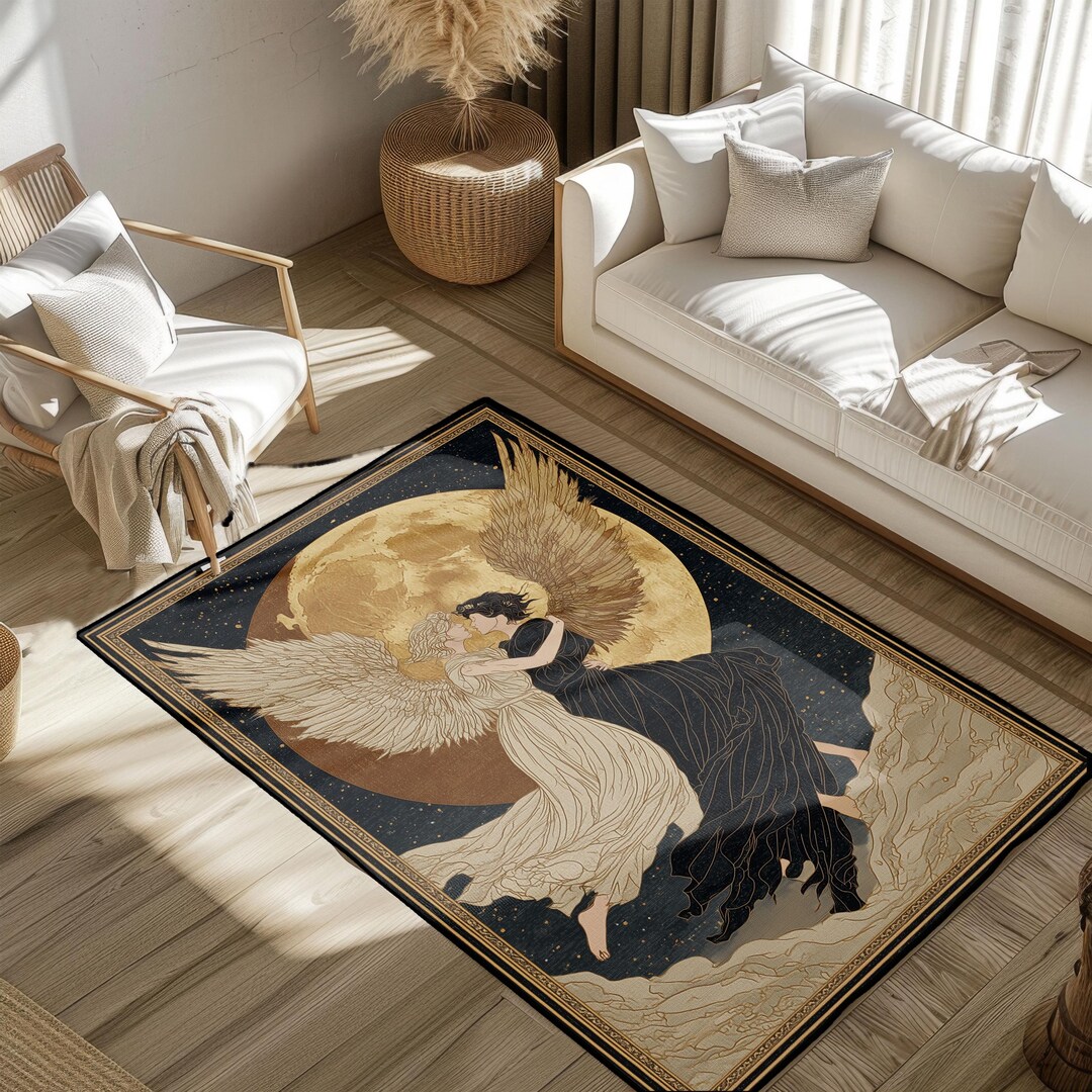 Embracing Angels Moon Area Rug, Spiritual Couple Guardian Angels Rug ...