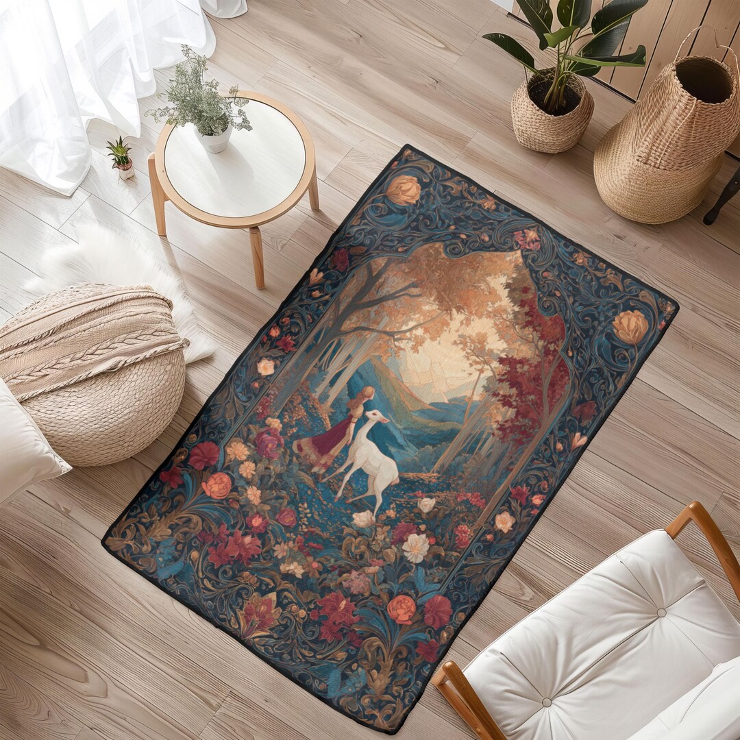 Enchanted Forest Storybook Rug, Fairytale White Deer Art Carpet, Art ...