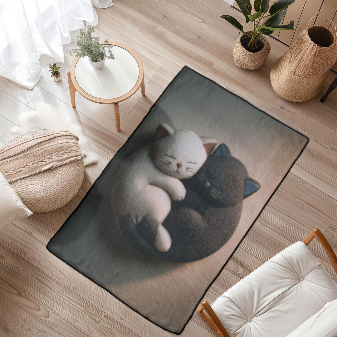Cuddling Cats Couple Rug, Sleeping Kittens Gift Area Rug, Yin Yang Cat ...