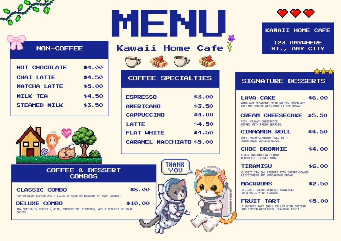 Kawaii Pixel Cafe Menu Template: Editable A4 (digital Download) - Etsy