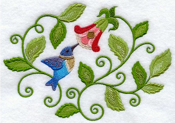Leafy Hummingbird Embroidered Waffle Weave Hand/Dish Towel | Etsy