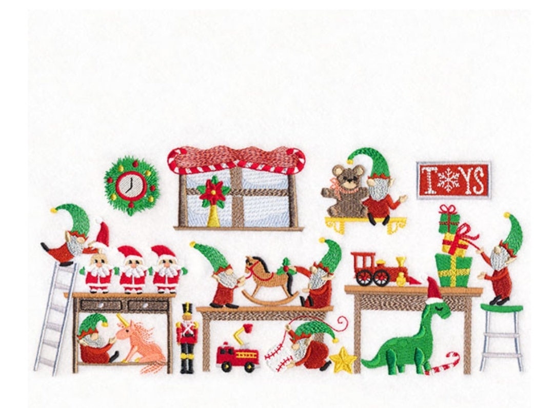 Santa's Workshop Elves at Work Embroidered Waffle Weave Hand/dish Towel ...