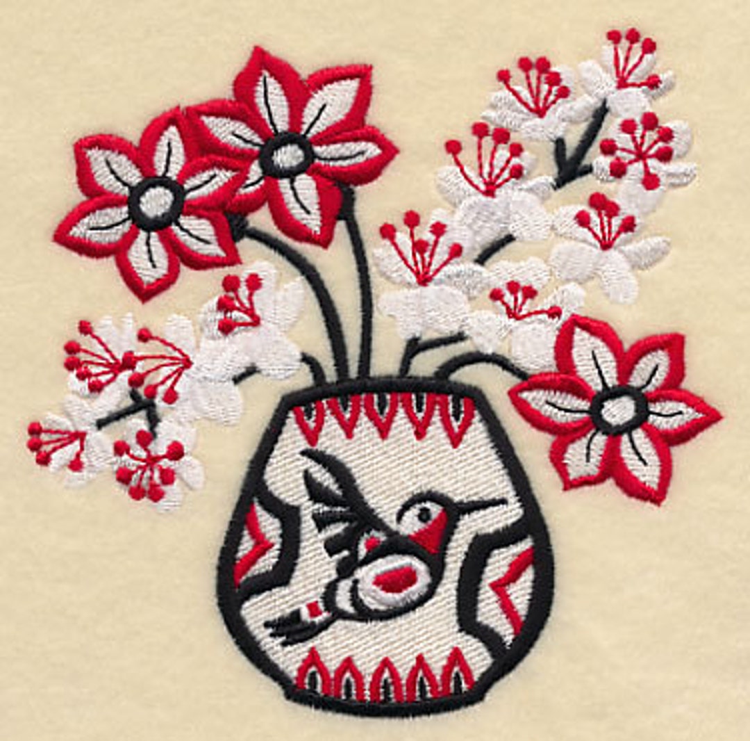 Cherry Blossom Native American Style Flower Pot Basket Embroidered ...