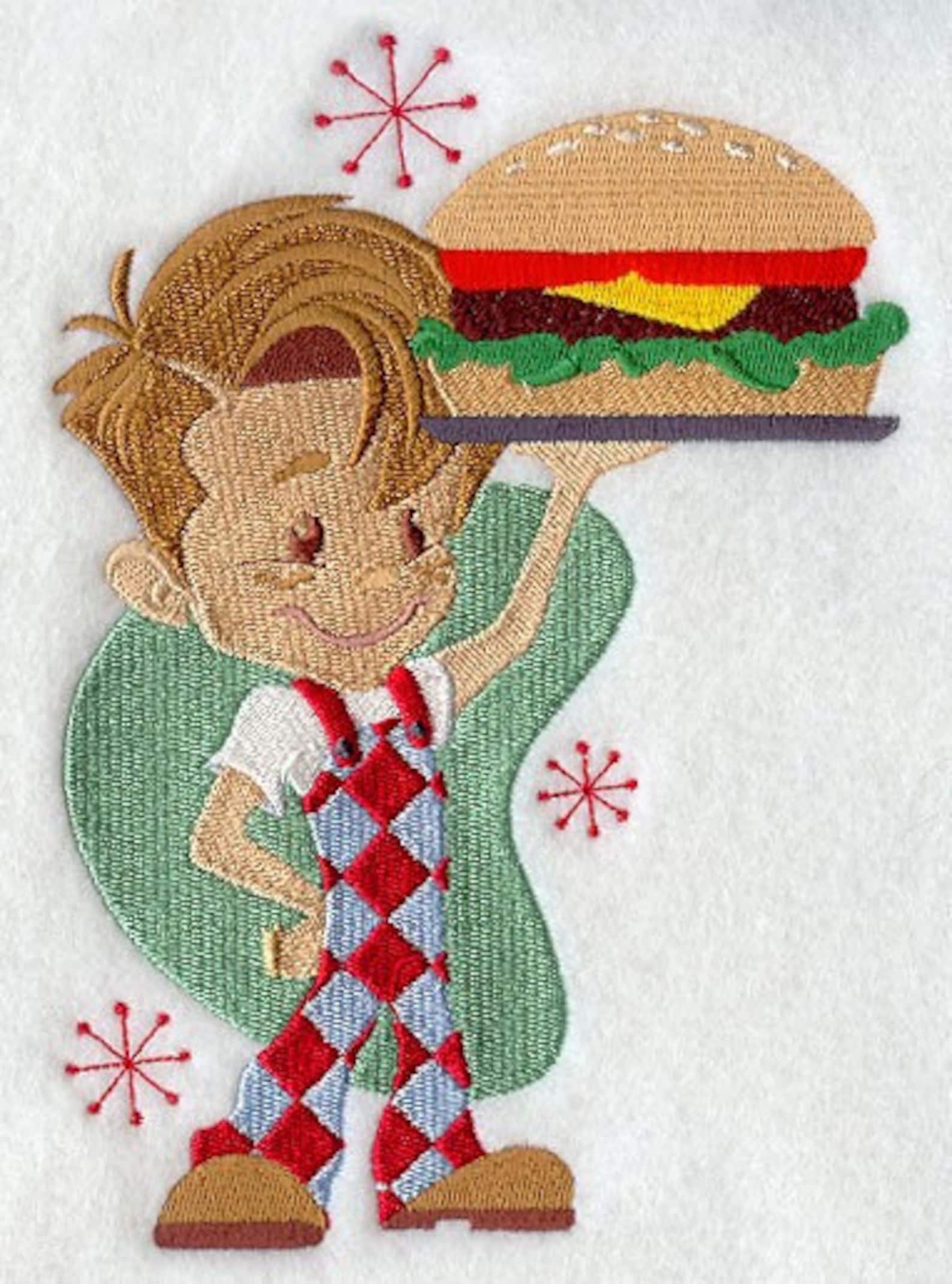 Retro Diner Boy With Hamburger Embroidered Waffle Weave Hand/dish Towel ...