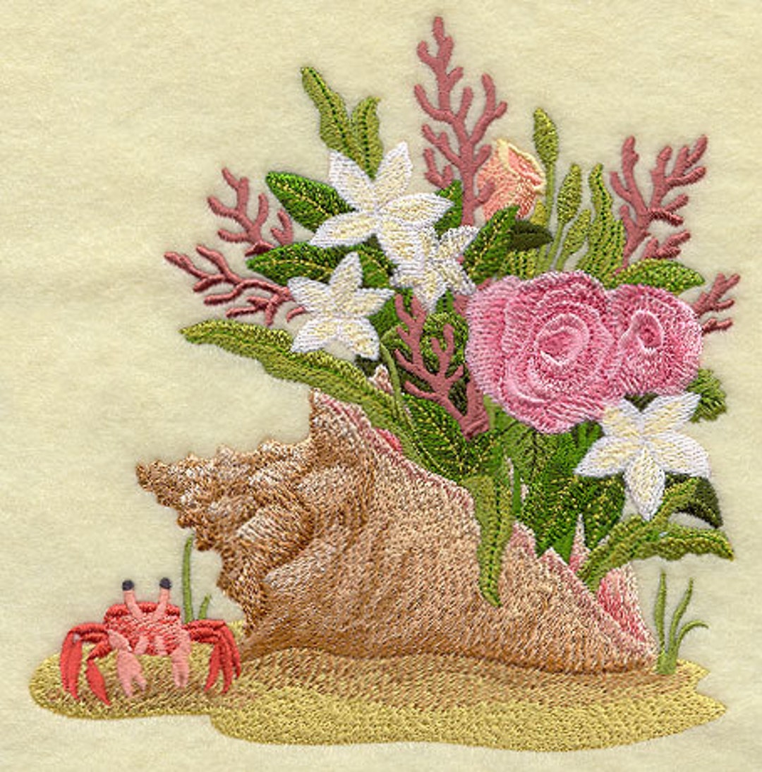 Ocean Bouquet With Crab Embroidered Waffle Weave Hand/dish Towel - Etsy