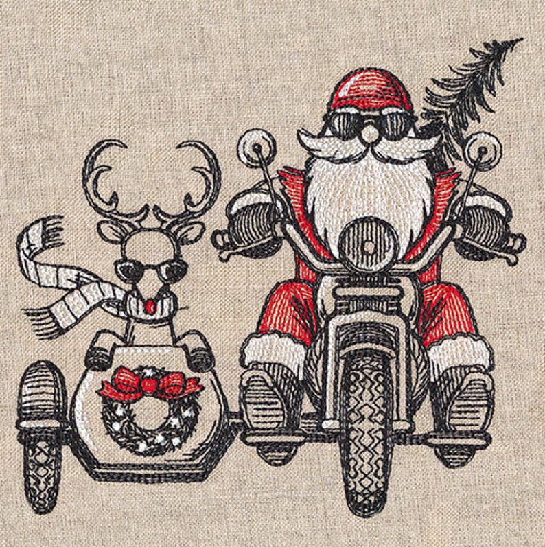 Motorcycle Santa and Reindeer Sidecar Embroidered Waffle Weave | Etsy