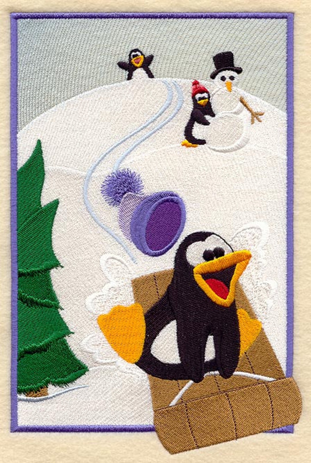 Playful Penguin Pals Sledding Embroidered Waffle Weave Hand/dish Towel ...