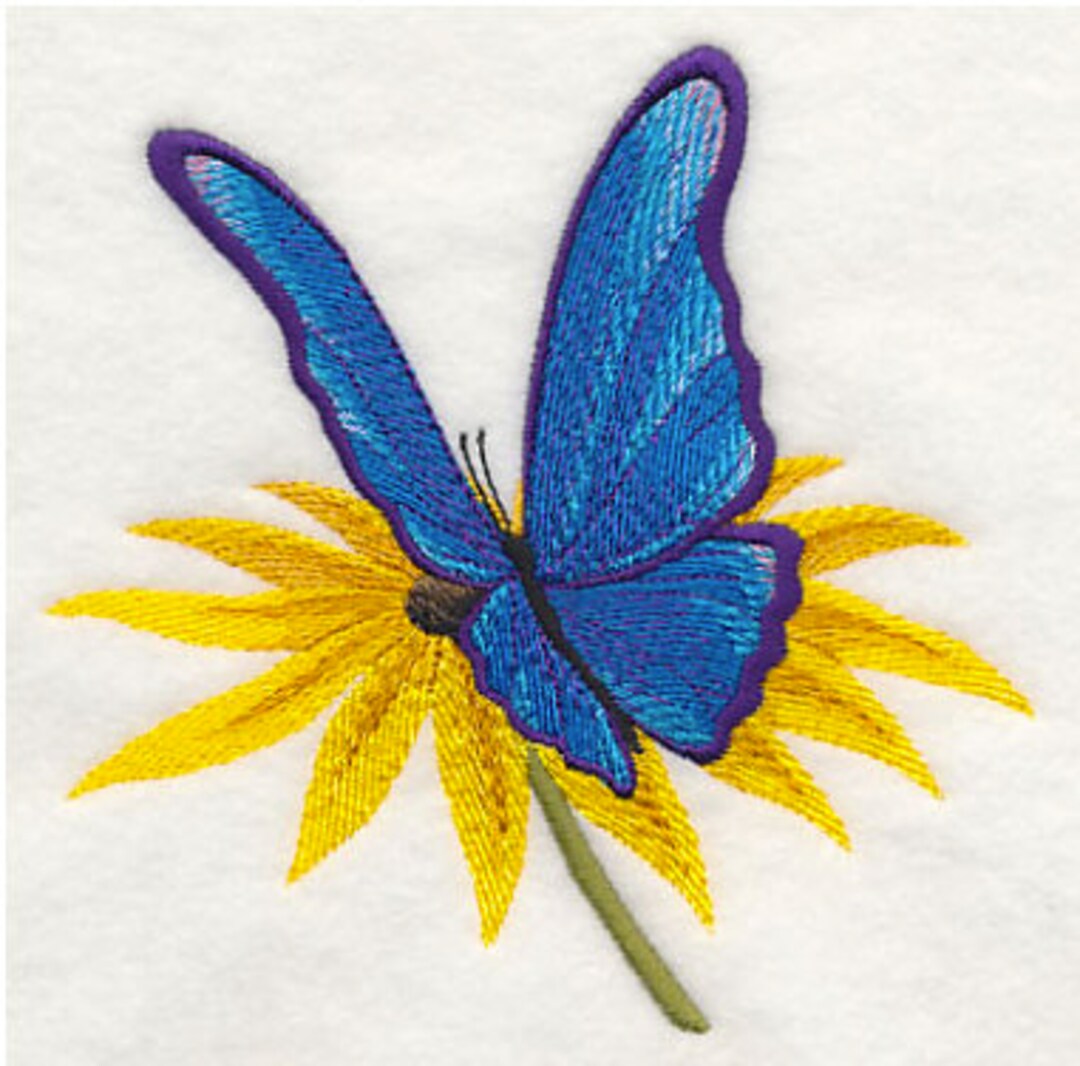 Daisy Flower and Blue Morpho Butterflies Embroidered Waffle Weave Hand ...