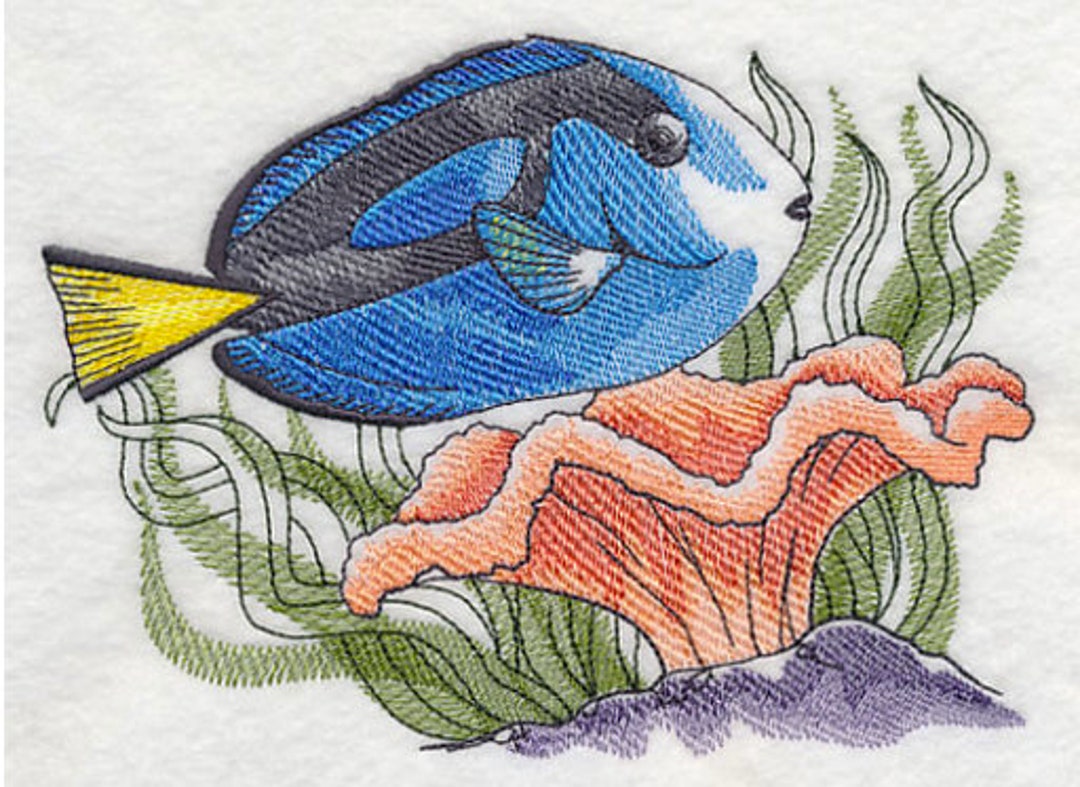 Blue Tang Tropical Dory Caribbean Fish Embroidered Waffle Weave Hand ...