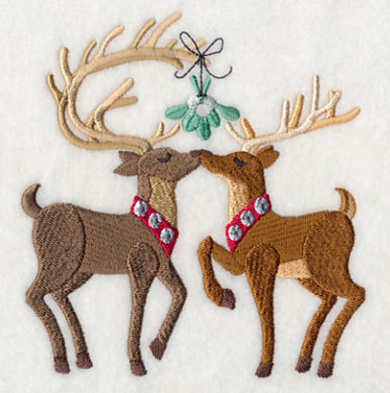 Meet Me Under the Mistletoe Reindeer Kissing Embroidered Waffle Weave ...