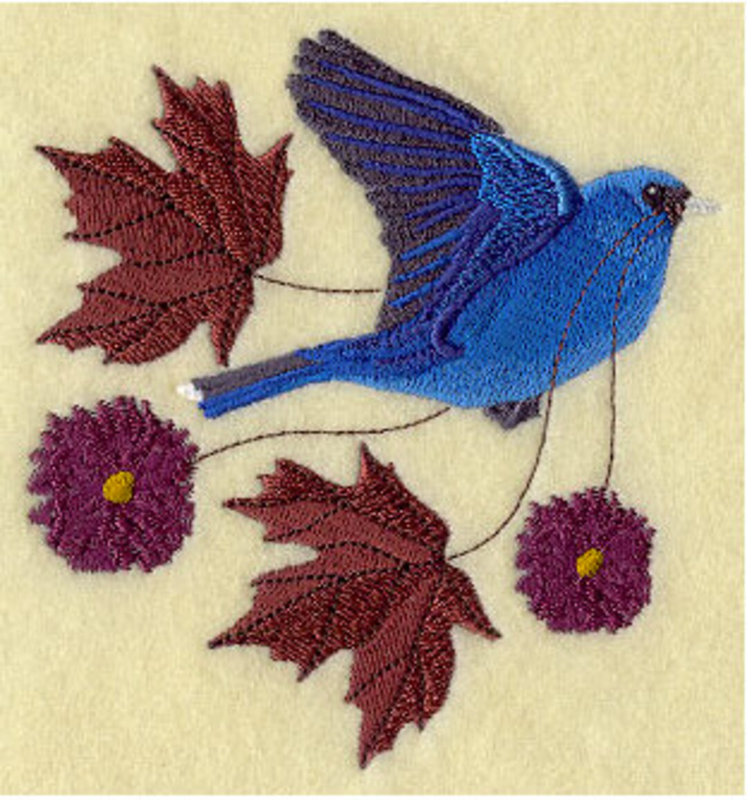 Flying Indigo Bunting With Autumn Leaves Embroidered Waffle Weave Hand ...