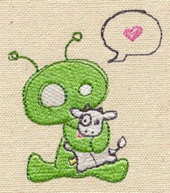 Alien With Cow Adorable Embroidered Waffle Weave Hand/dish | Etsy