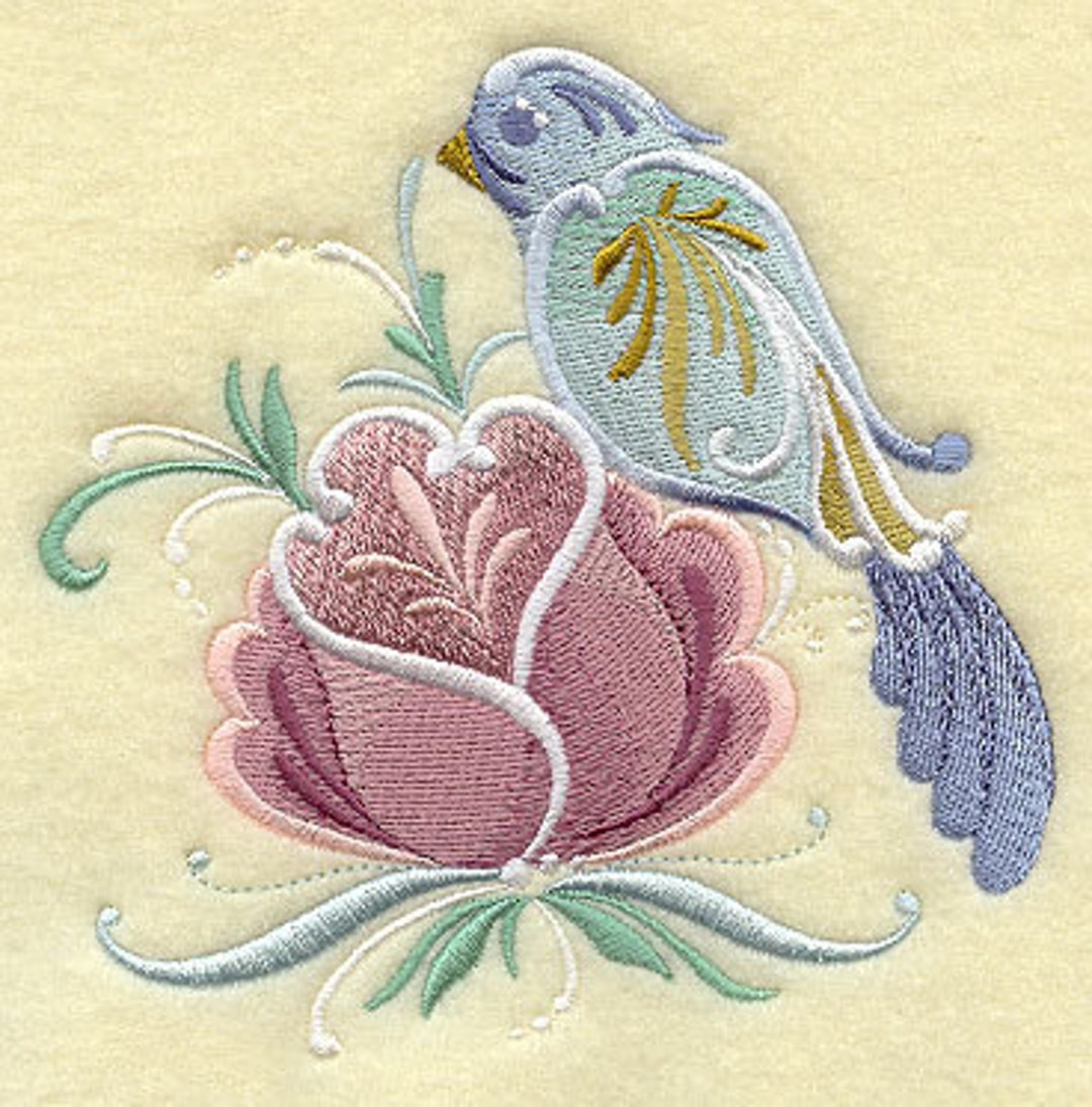 Rosemaling Bird With Flowers Embroidered Waffle Weave Hand/dish Towel ...