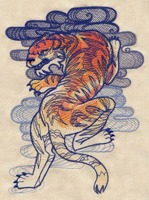 Seven Seas Tiger Tattoo Style Embroidered Waffle Weave | Etsy