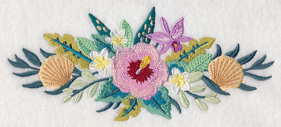Tropical Light Hibiscus Seashell Scene Border Embroidered Waffle Weave ...