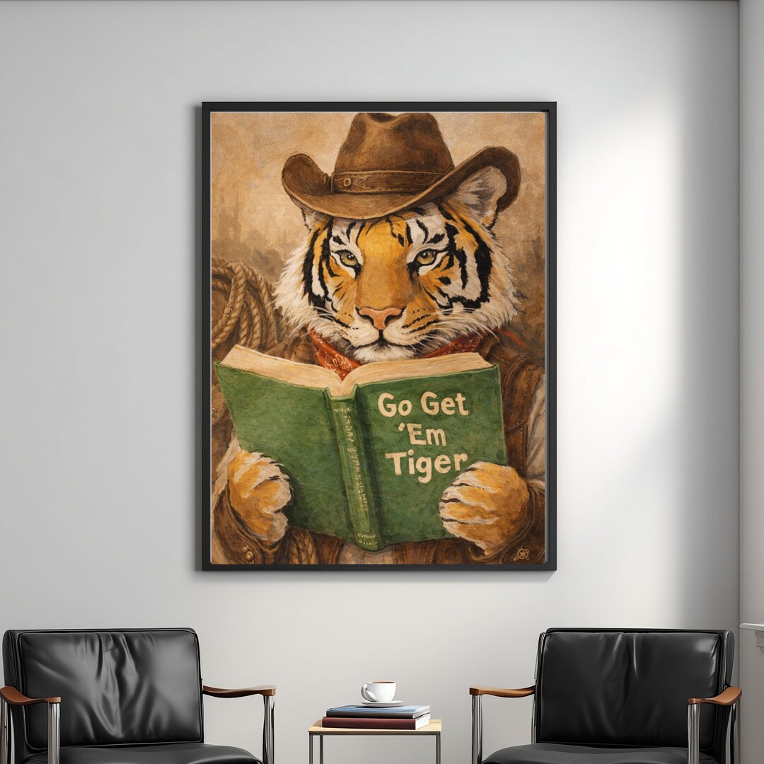 Western Cowboy Tiger Wall Art File PNG Reading Tiger With Hat Vintage ...