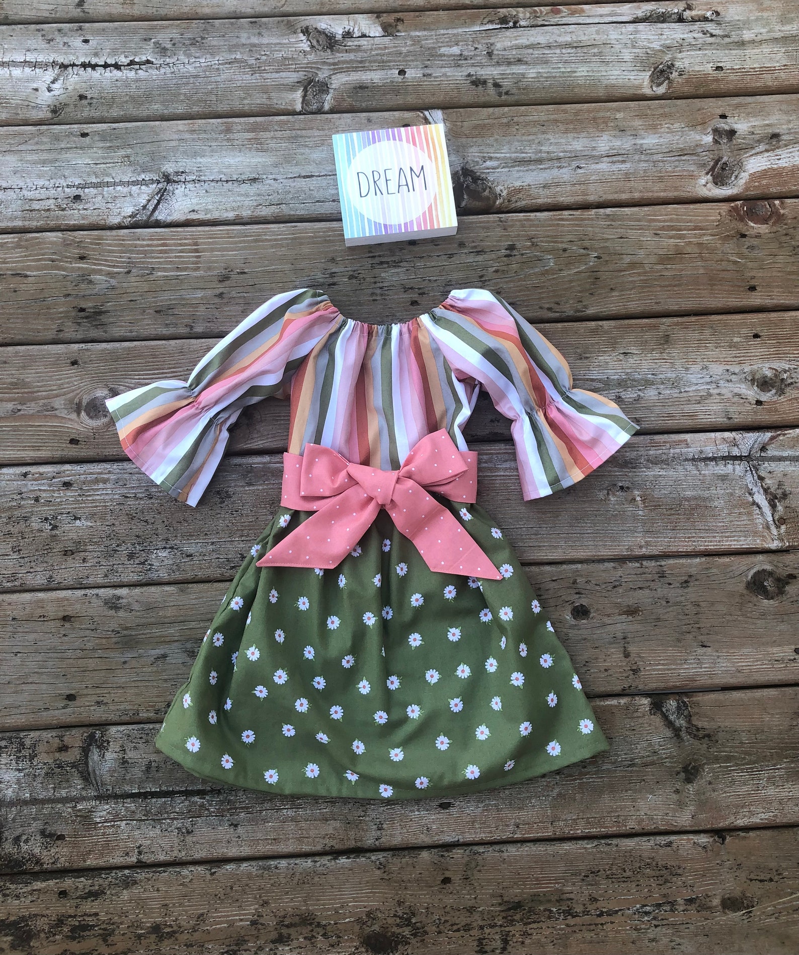 Girls Daisy Print Dress: Green, Pastel Stripe, Coral Sash - Easter ...