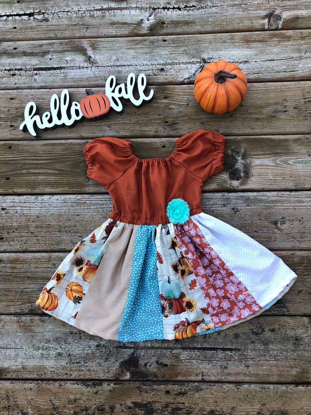 Girls Thanksgiving Dress: Pumpkin & Sunflower Patchwork, Aqua Flower - Etsy