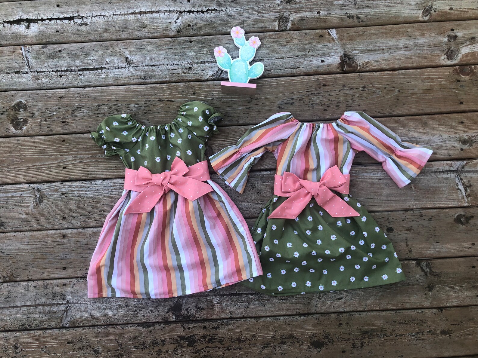 Girls Daisy Print Dress: Green, Pastel Stripe, Coral Sash - Easter ...
