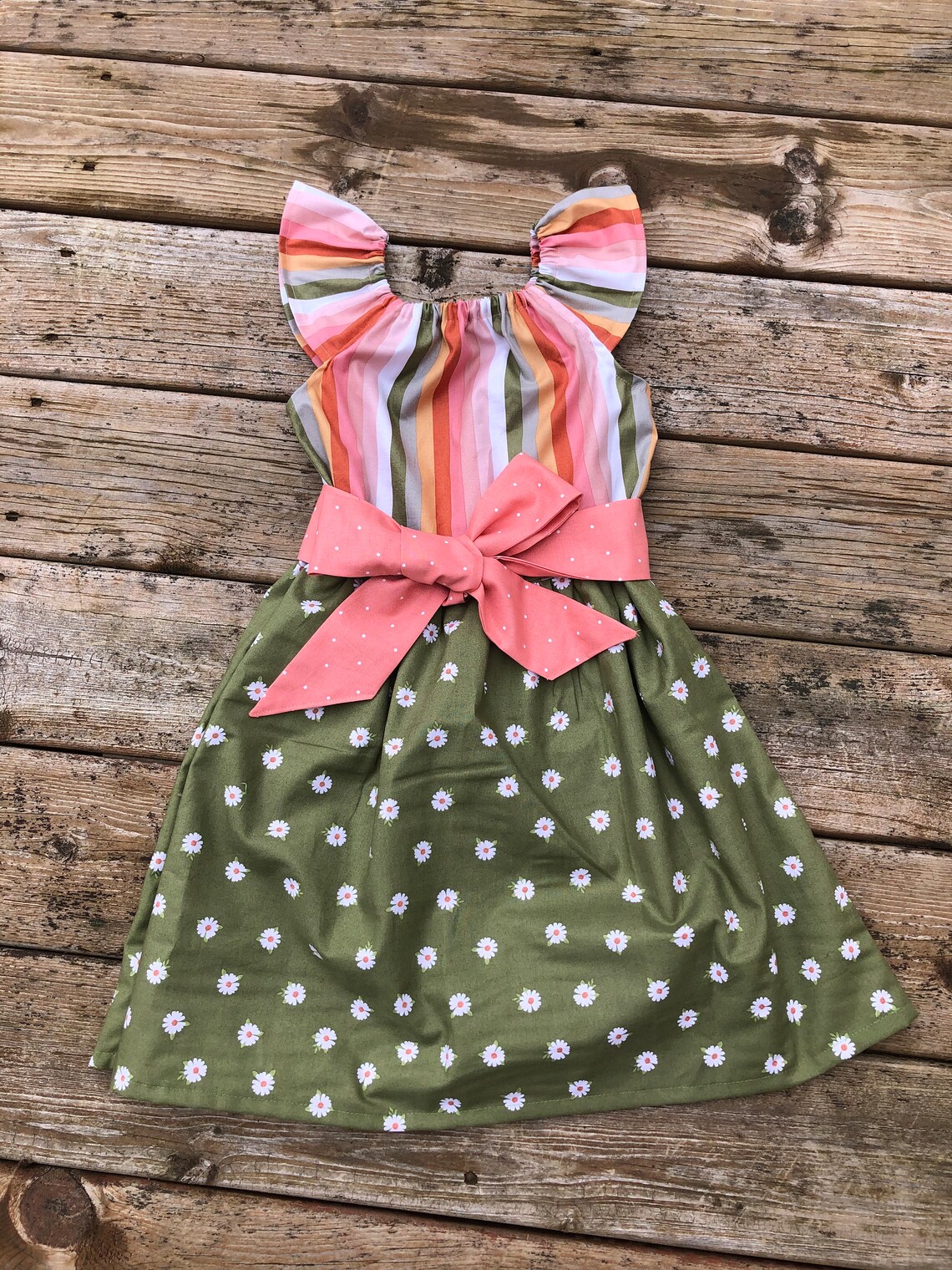 Girls Daisy Print Dress: Green, Pastel Stripe, Coral Sash - Easter ...