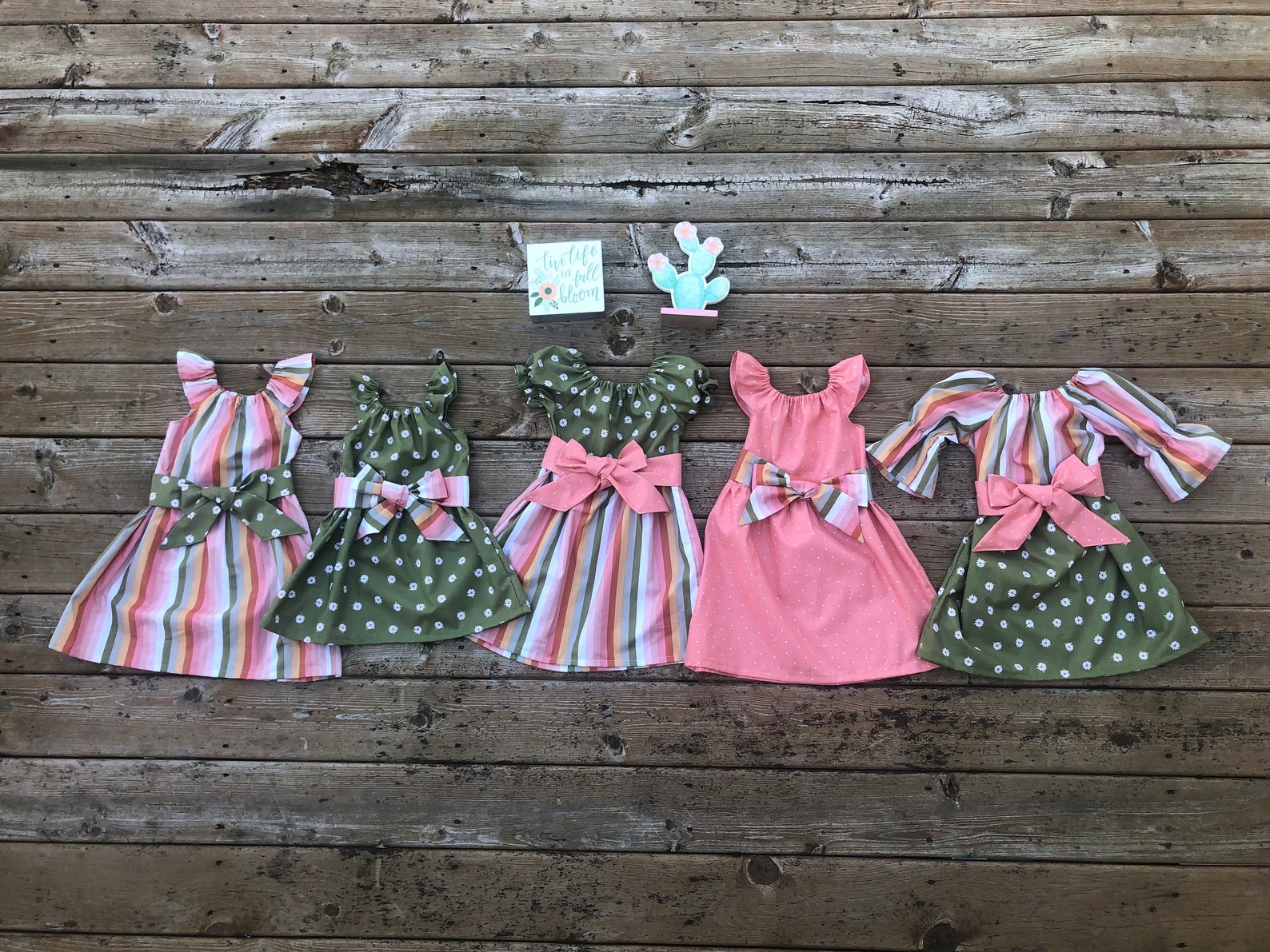 Girls Daisy Print Dress: Green, Pastel Stripe, Coral Sash - Easter ...