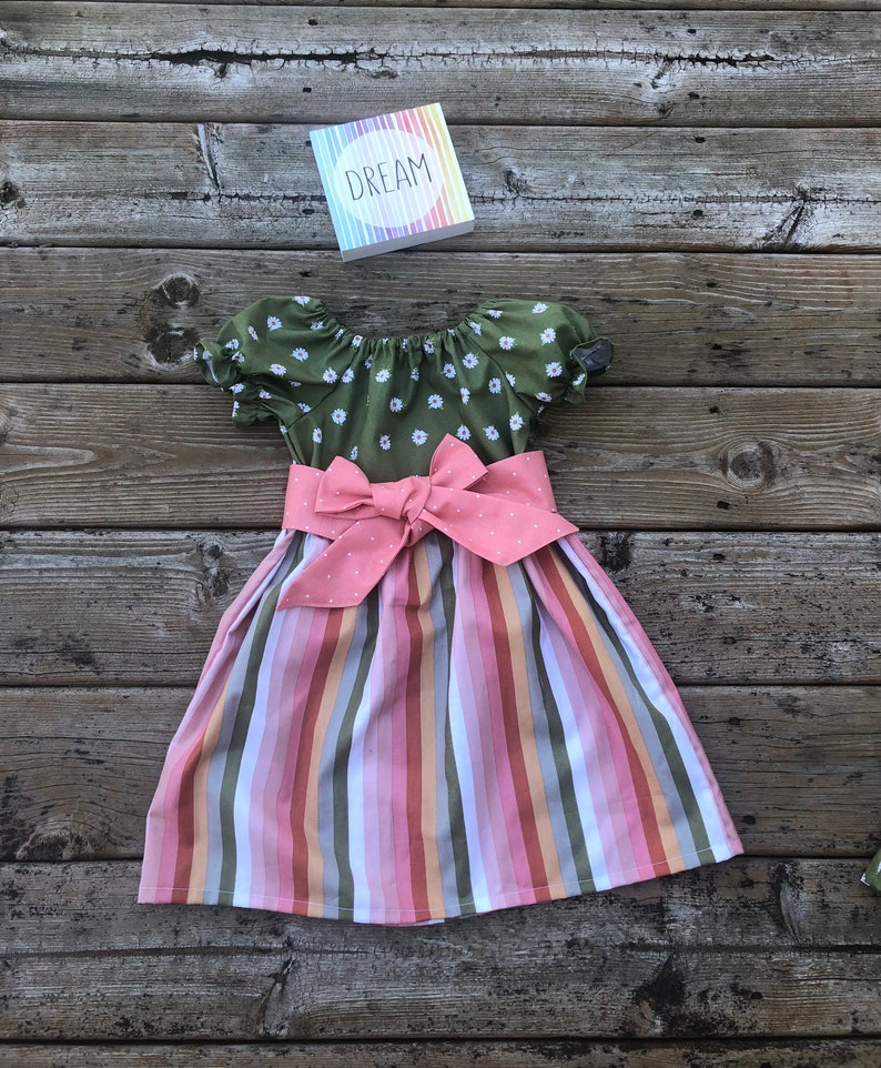 Girls Daisy Print Dress: Green, Pastel Stripe, Coral Sash - Easter ...