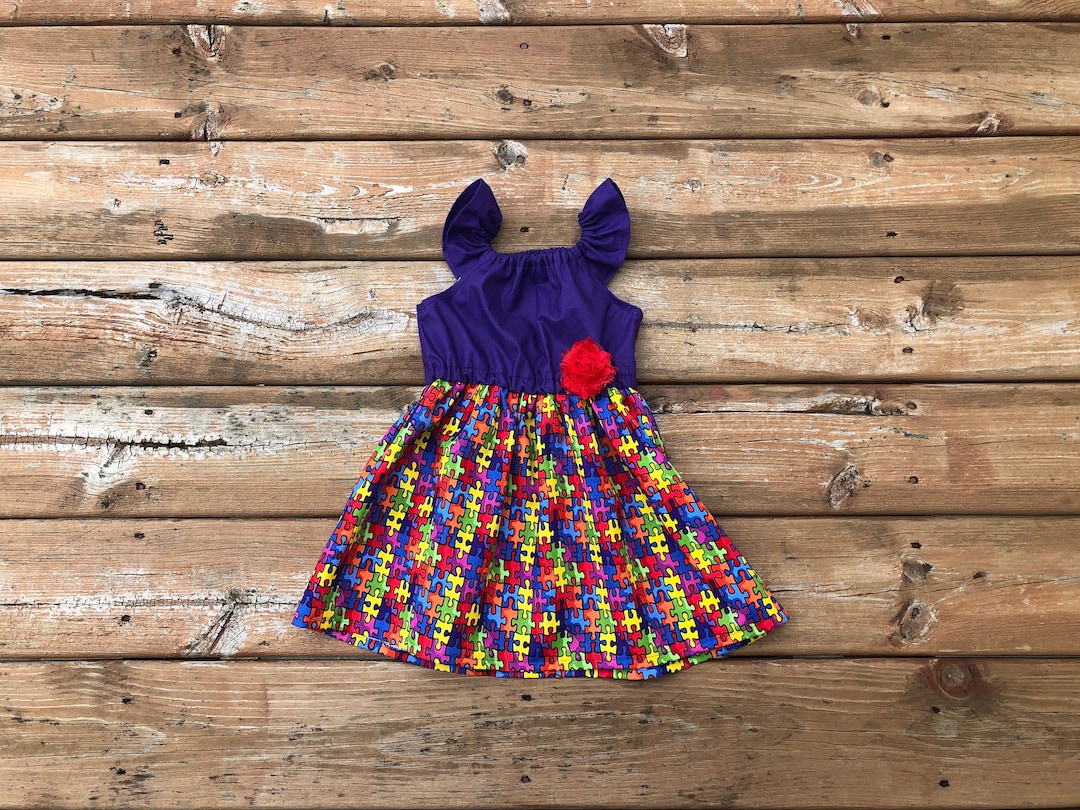 Girls Autism Awareness Dress: Puzzle Piece Cotton Dress With Flutter ...