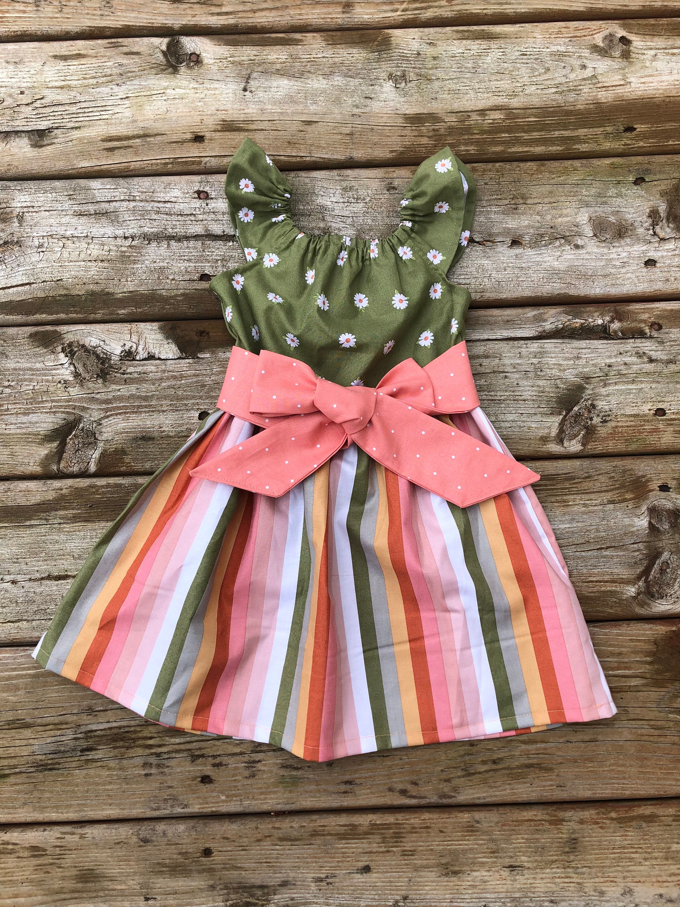 Girls Daisy Print Dress: Green, Pastel Stripe, Coral Sash - Easter ...