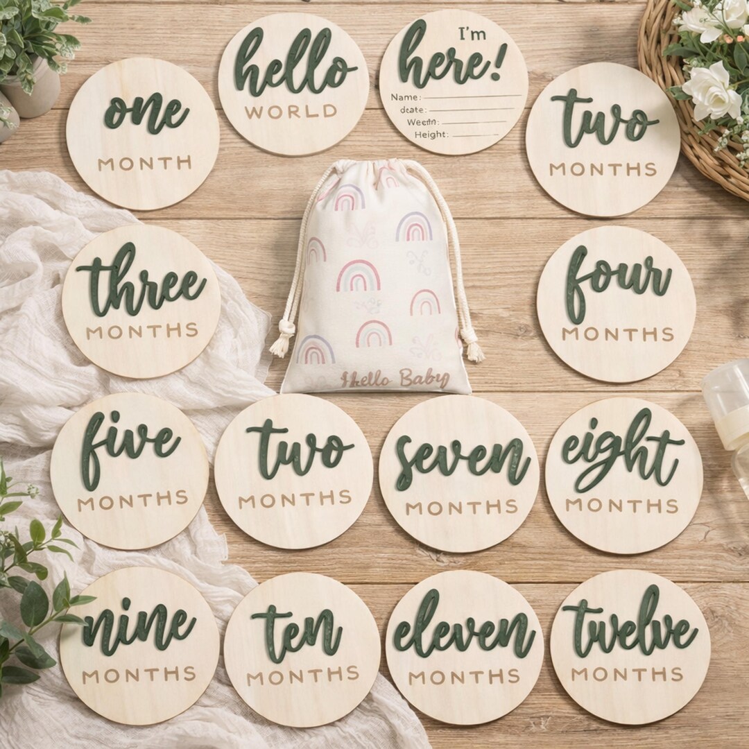 3D Monthly Milestone Discs for Baby Photos, Wooden Baby Monthly ...