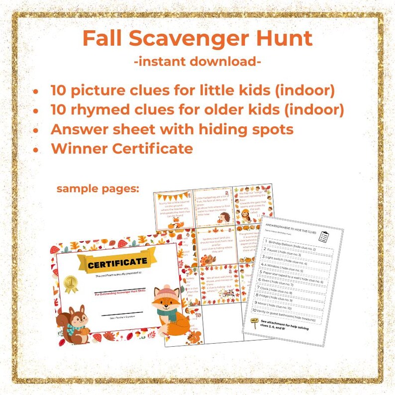 Fall / Thanksgiving Indoor Scavenger Hunt Kit for Little Kids and Older ...