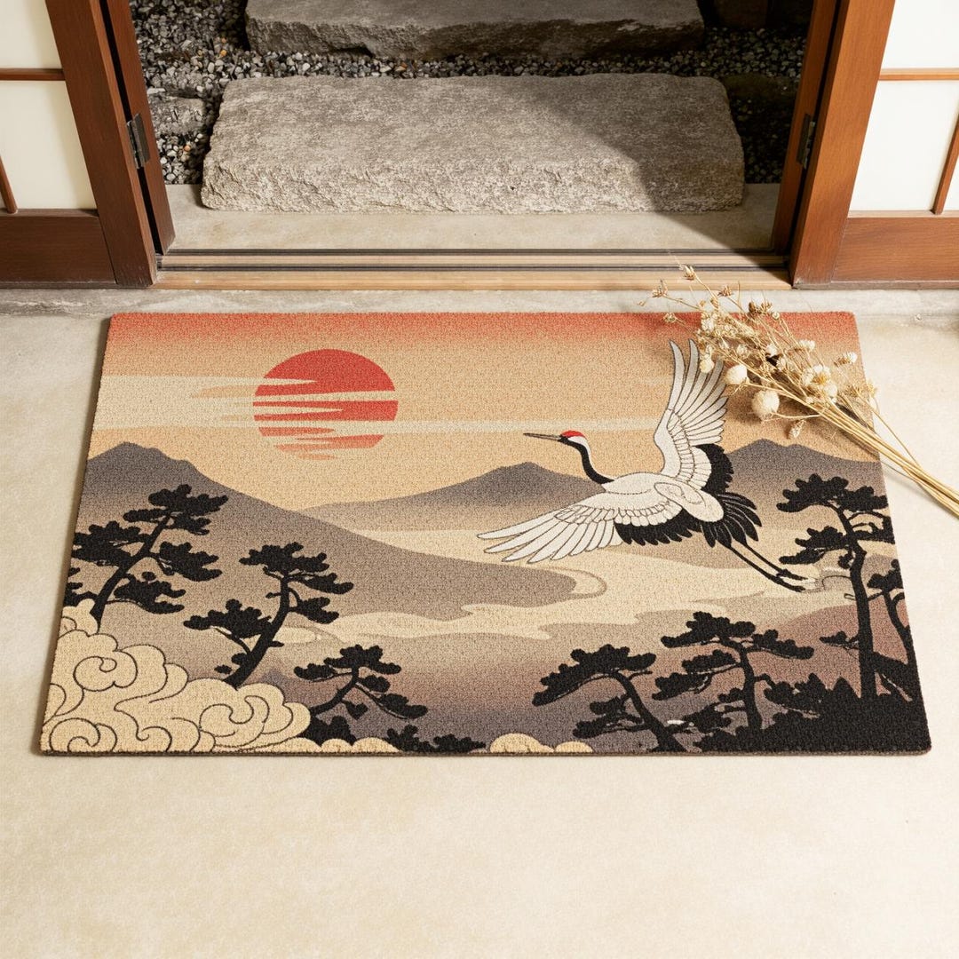 Japanese Red-crowned Crane Doormat,zen Rising Sun Welcome Mat,pine Tree ...