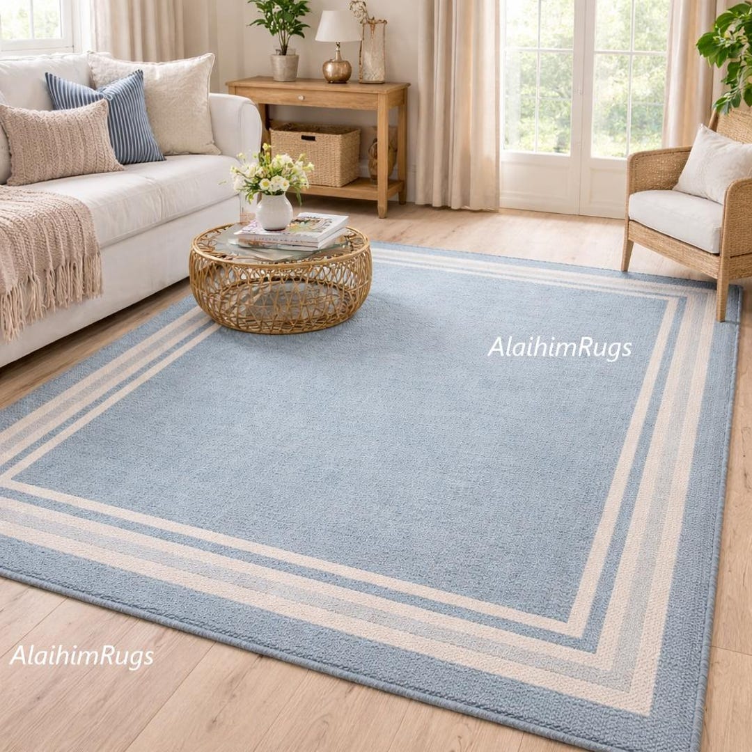 Luxury Sky Blue Wool Area Rug | Hand Tufted Border Design Rug for ...