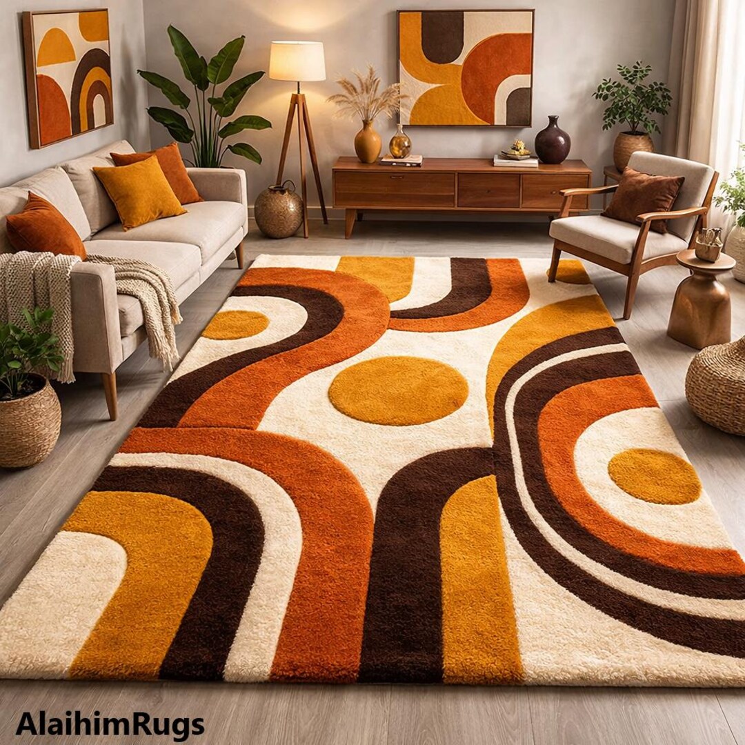 Retro Hand Tufted Area Rug – Mid Century Modern Geometric Shag Carpet ...