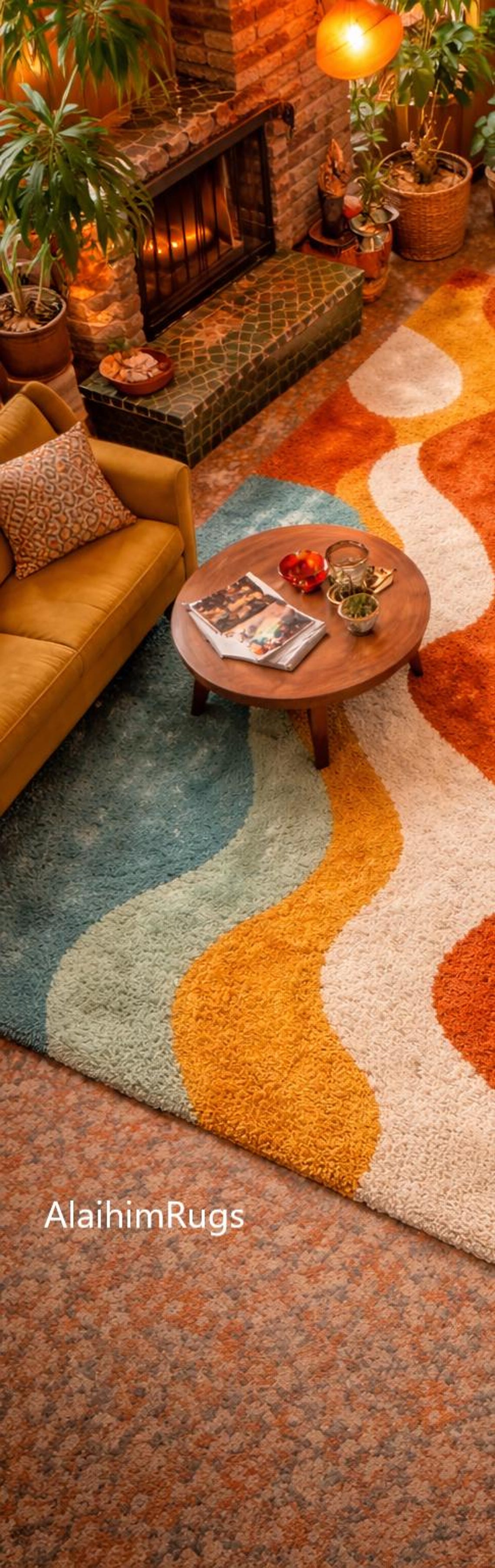 Mid Century Modern Wavy Shag Rug, Retro 70s Abstract Tufted Area Rug ...