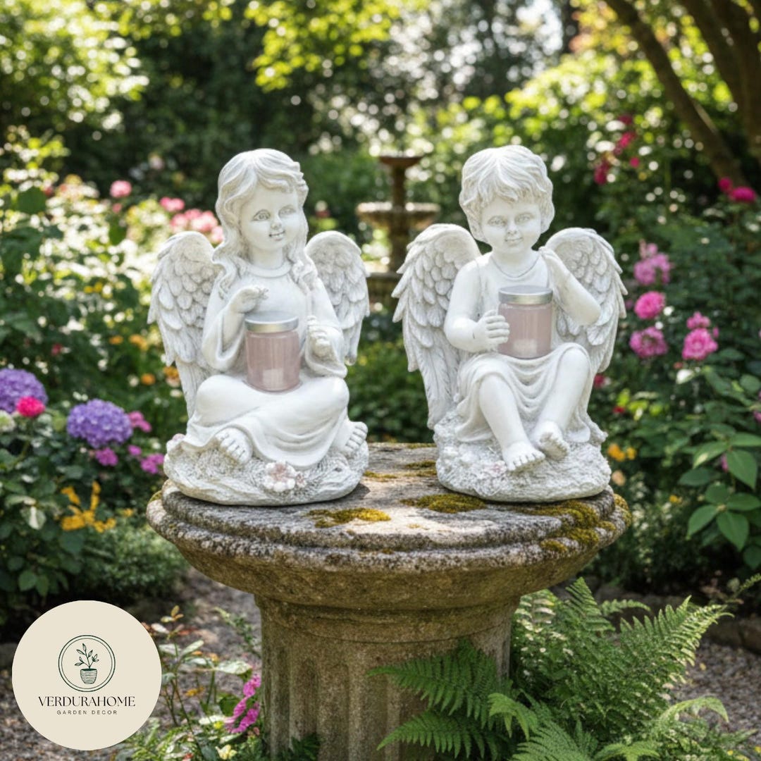 Solar Angel Sculpture | Boy and Girl Resin Garden Ornament | Courtyard ...