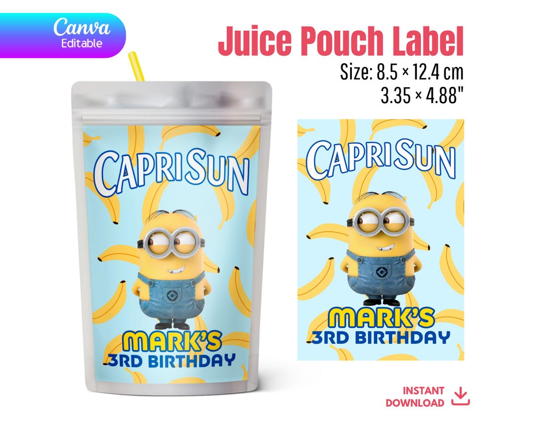 Minions Capri Sun Label Template | Editable Canva Juice Pouch ...