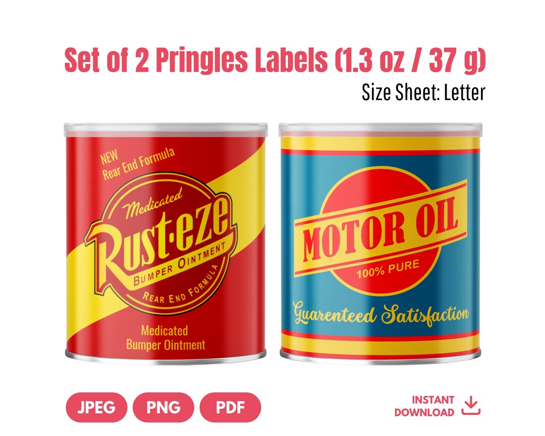 2 Rust-eze Pringles Labels Motor Oil Can Wrapper Cars Birthday Party ...