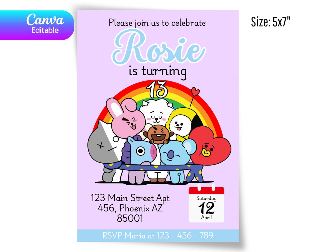 BT21 Birthday Invitation Template Canva Editable | BTS Kpop Party ...