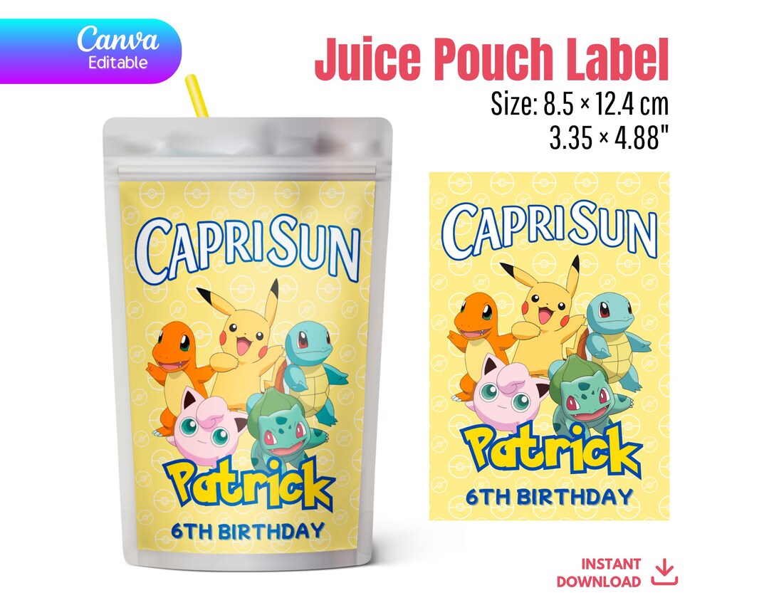 Pikachu Capri Sun Label Template | Editable Canva Juice Pouch Wrapper ...