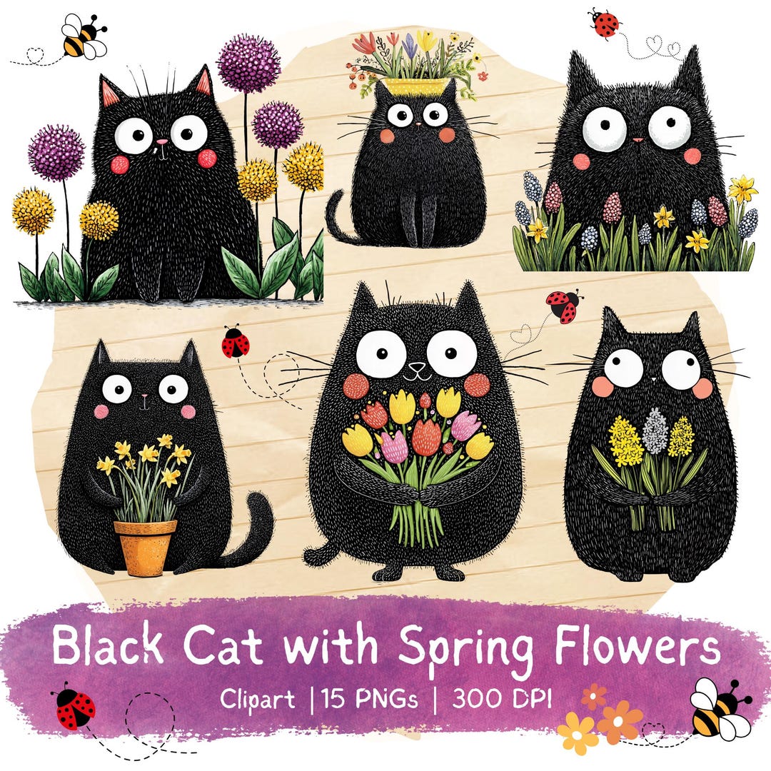 Black Cat Spring Flowers Clipart | Whimsical Line Art Illustration ...