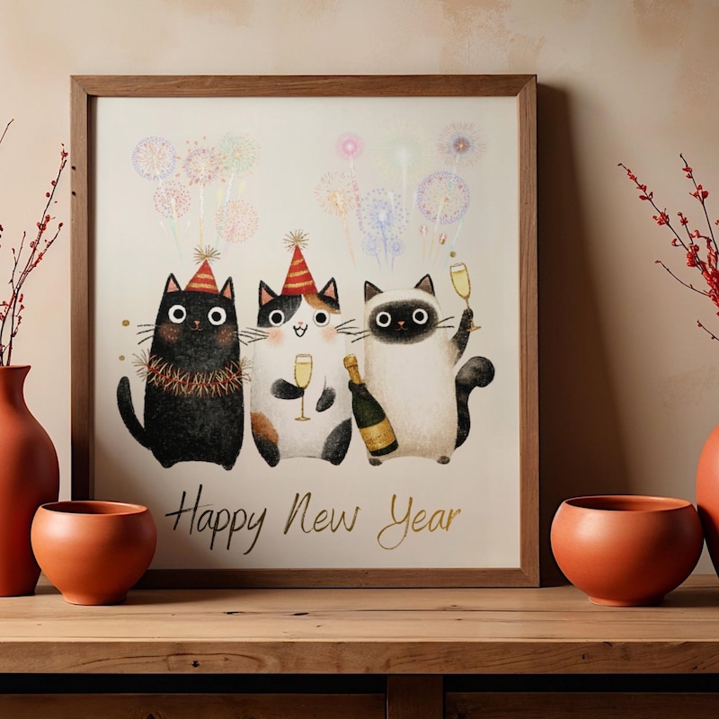 New Years Drawing Cat - Etsy UK