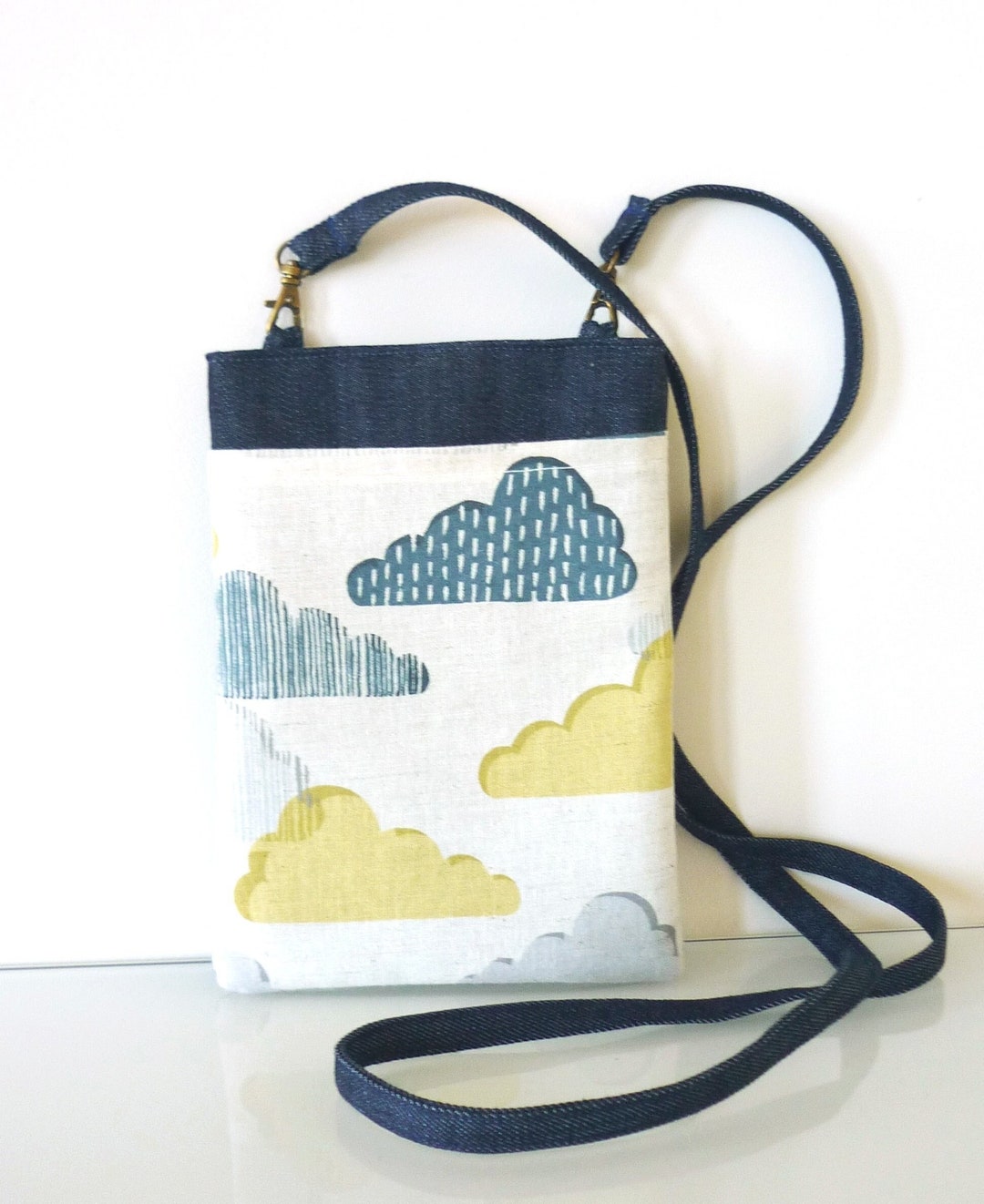 Phone Pouch With Clouds Fabric, Japanese Design, Crossbody Style, Denim ...