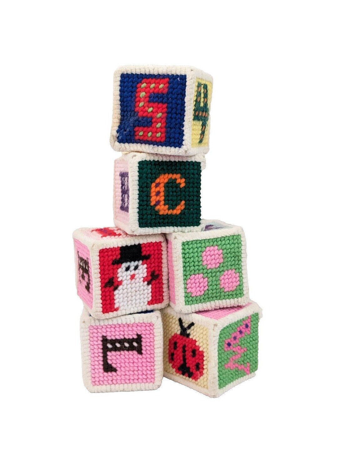 Set of 6 Vintage Canvas Needlepoint Toy Baby Blocks Jingle Bell Cute ...