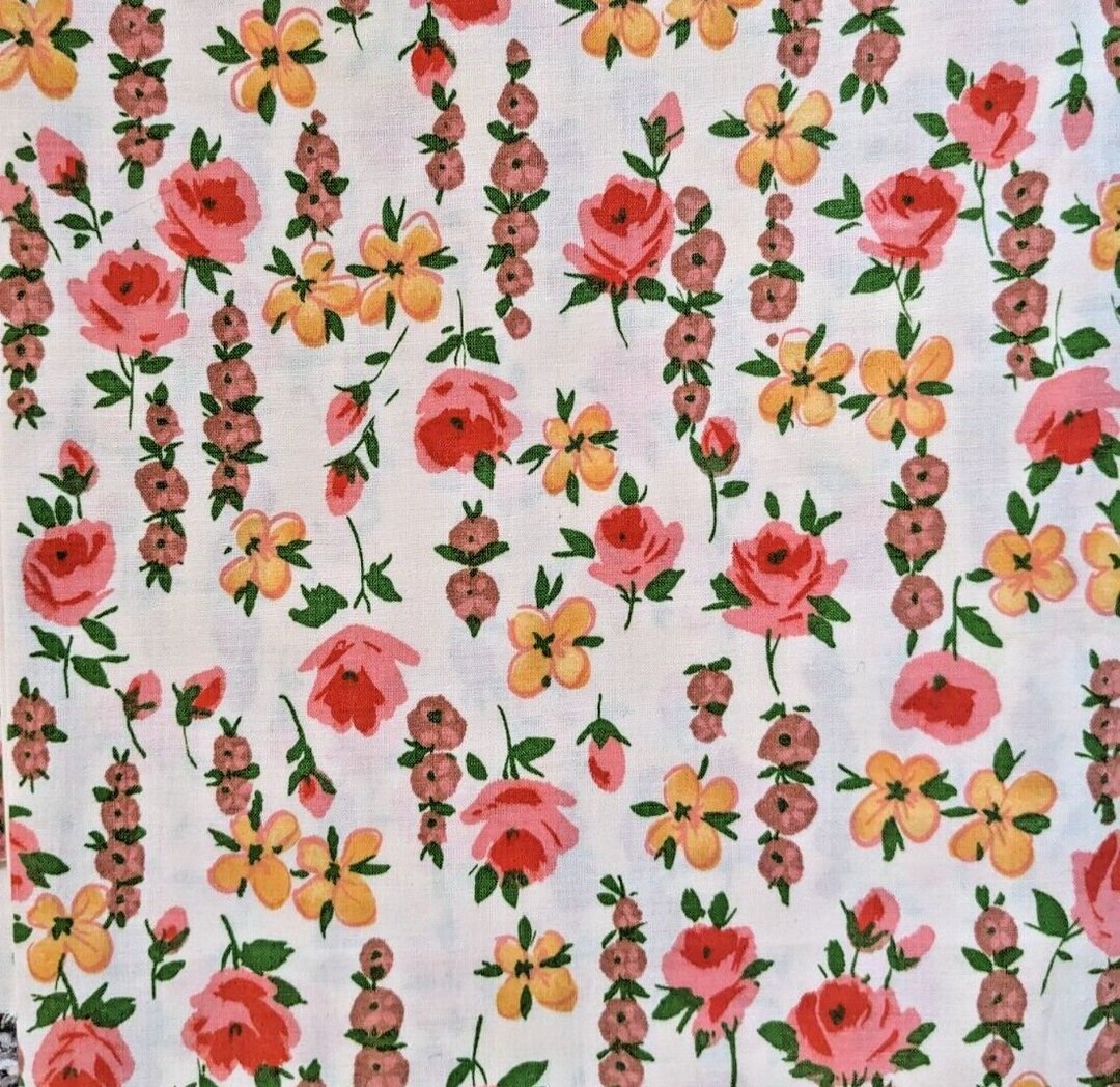 Vintage Mid-century Floral Fabric Bates Fabrics Roses Pink & Orange 36 ...
