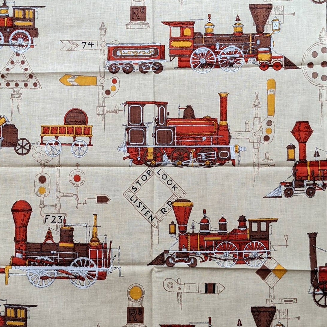 Vintage Mid-century Train Fabric Remnant, 20 by 23 Steam Trains ...