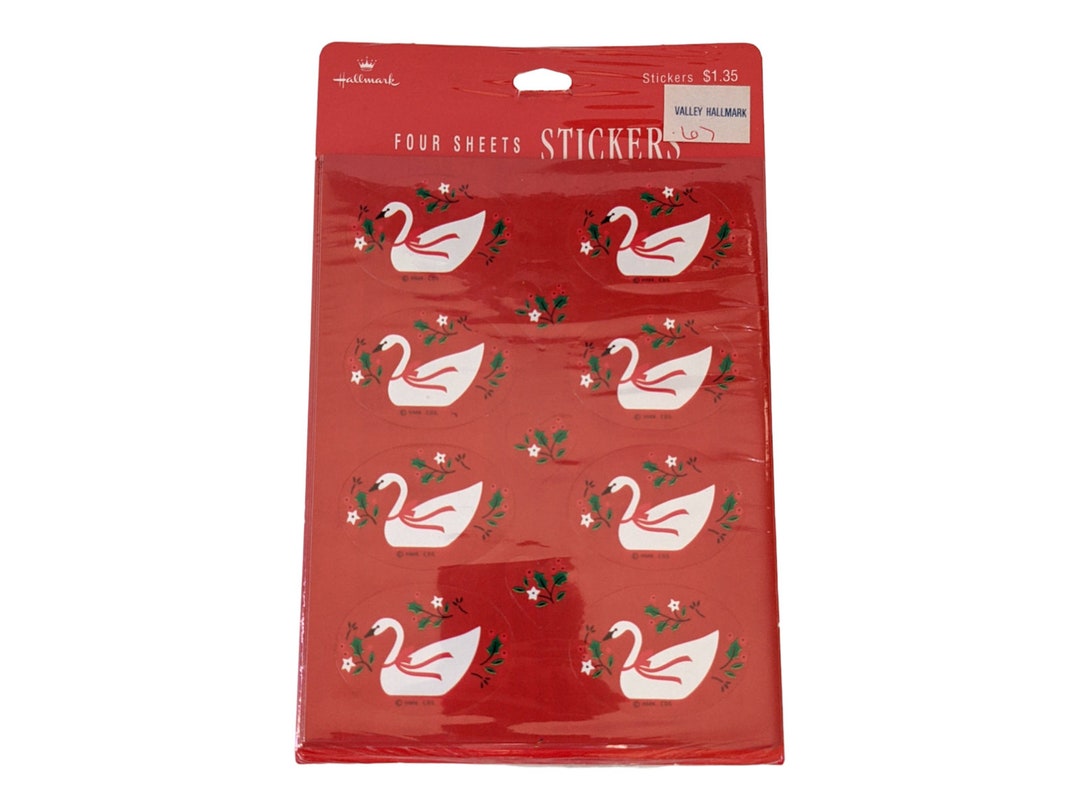 Vintage Hallmark Christmas Stickers, White Swans Green Holly, Red ...