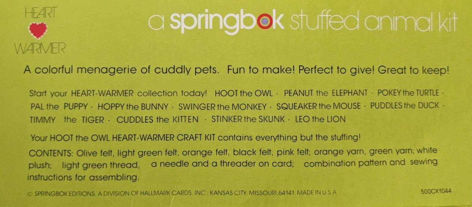 Vintage 1970s Springbok Stuffed Animal Craft Kit Hoot the Owl Heart ...