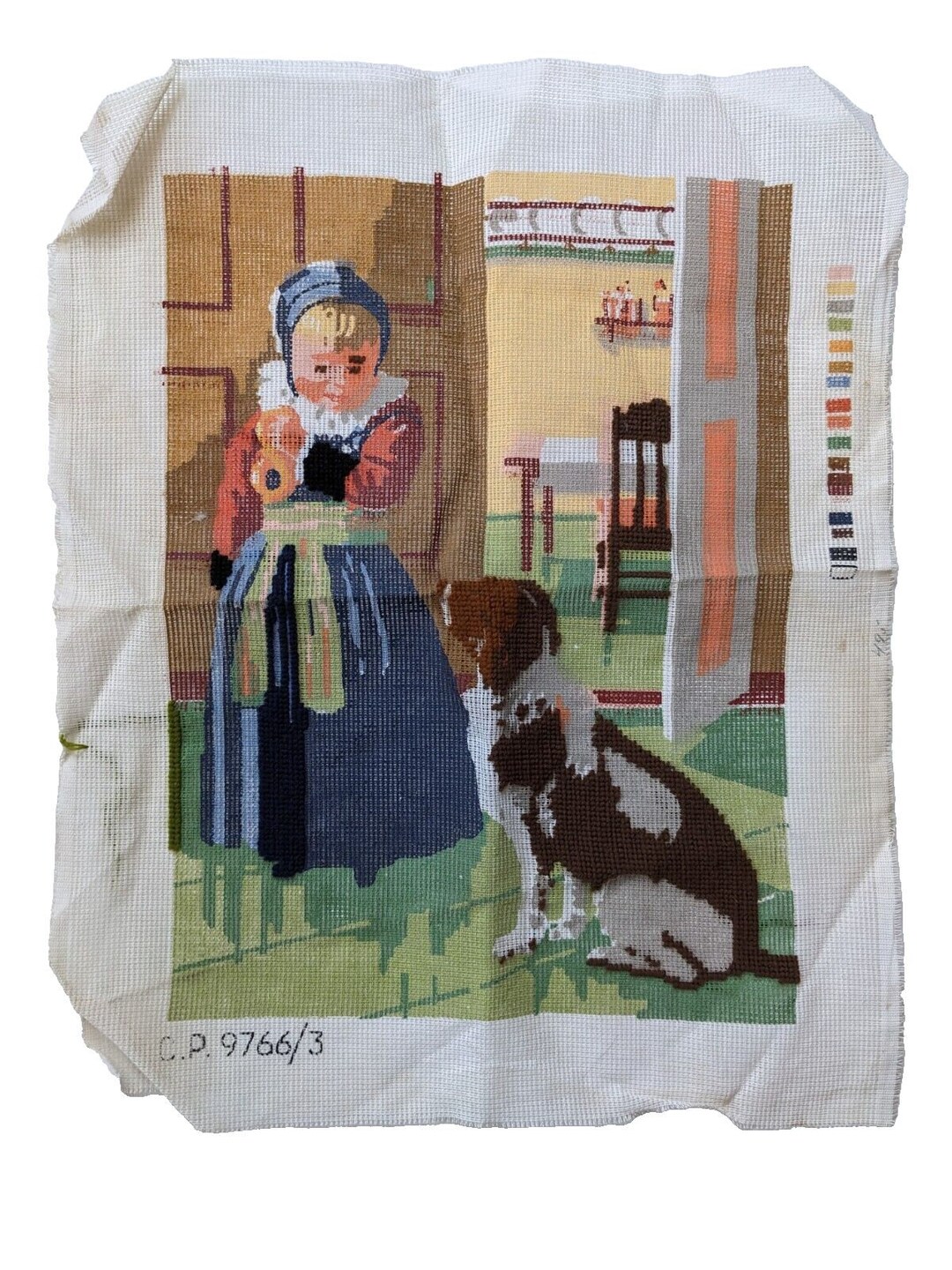 Vintage Needlepoint Canvas Dutch Girl With Dog Irish Setter **STARTED ...